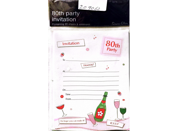 80th Party 20 Invitation Sheets With Envelopes