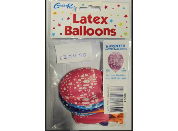 Creative Party 12 Inch Age 16 Printed 6 Latex Balloons - Assorted Colours